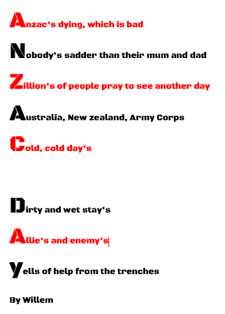 Room 12 Sunnybrae Normal School 2015: ANZAC Acrostic Poems