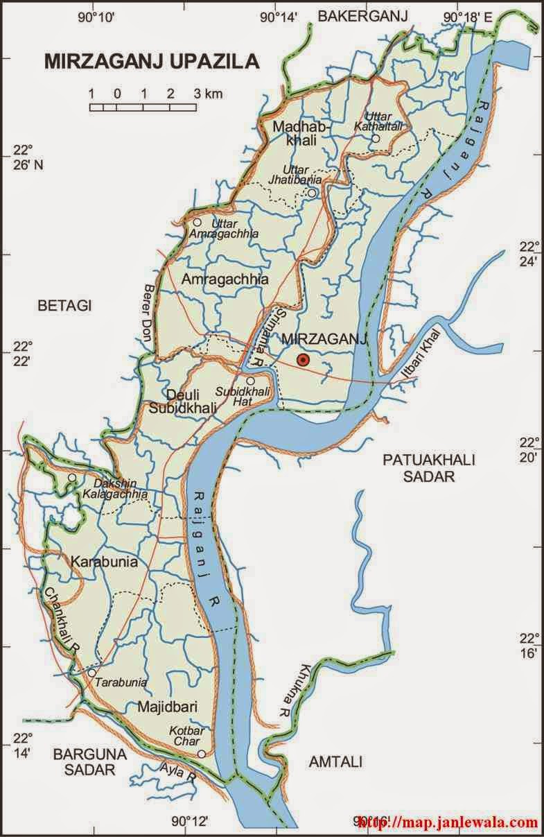 Mirzaganj Upazila Map, Patuakhali District, Bangladesh