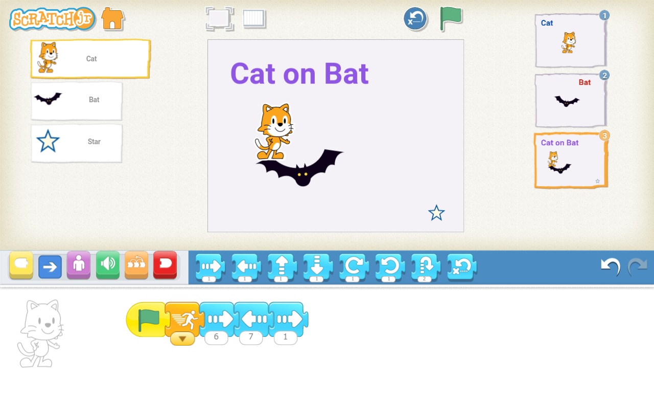 子供と一緒にプログラミング！: 【ScratchJr】サンプル「Cat on Bat」の解説