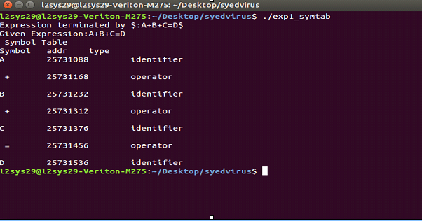 IMPLEMENTATION OF SYMBOL TABLE USING C (WITH OUTPUT)