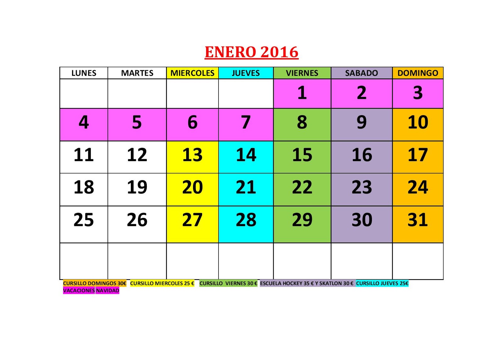 CPS: CALENDARIO DE CLASES ENERO 2016