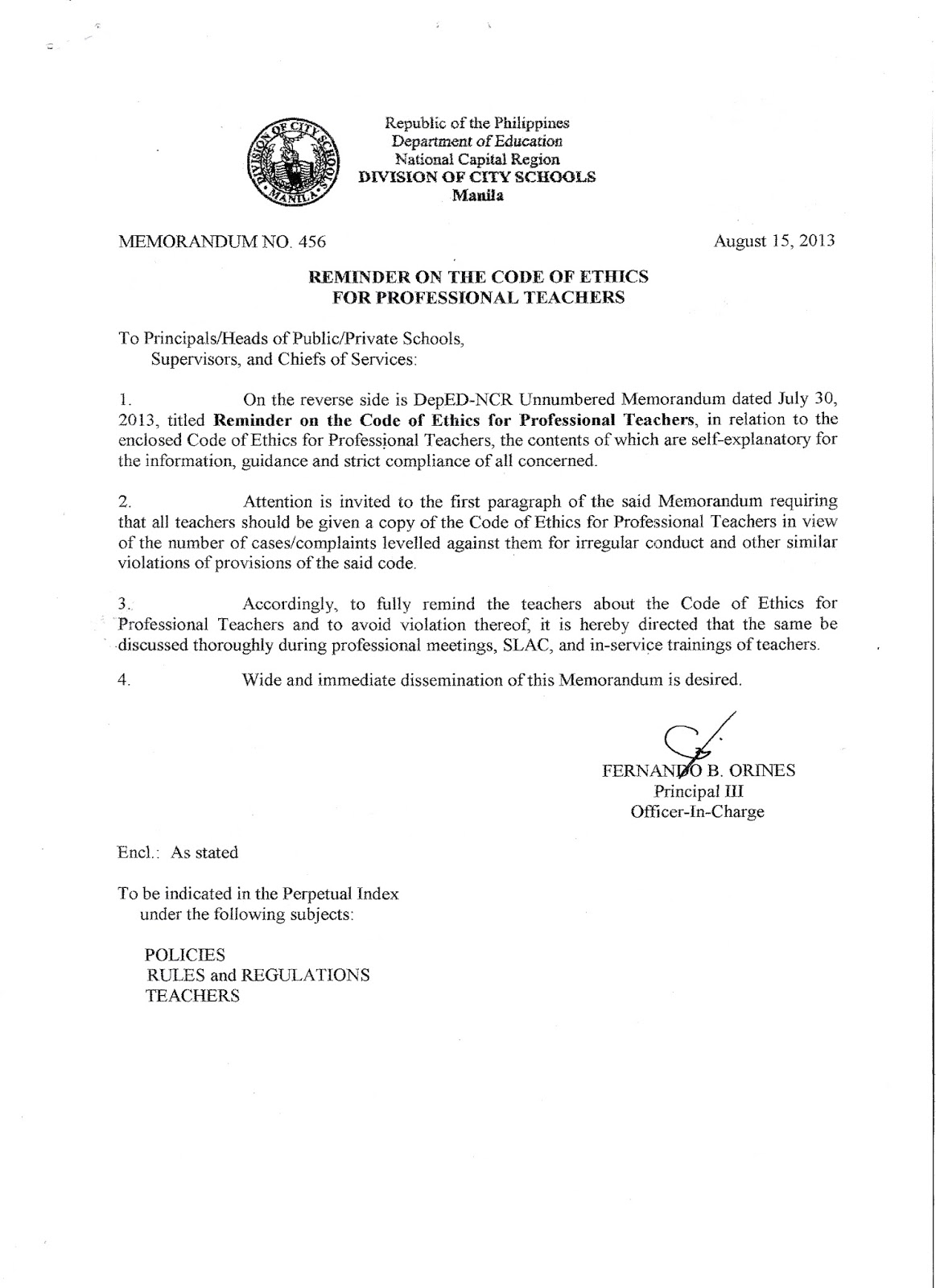Department of Education Manila: Division Memorandum No. 456 REMINDER ON ...