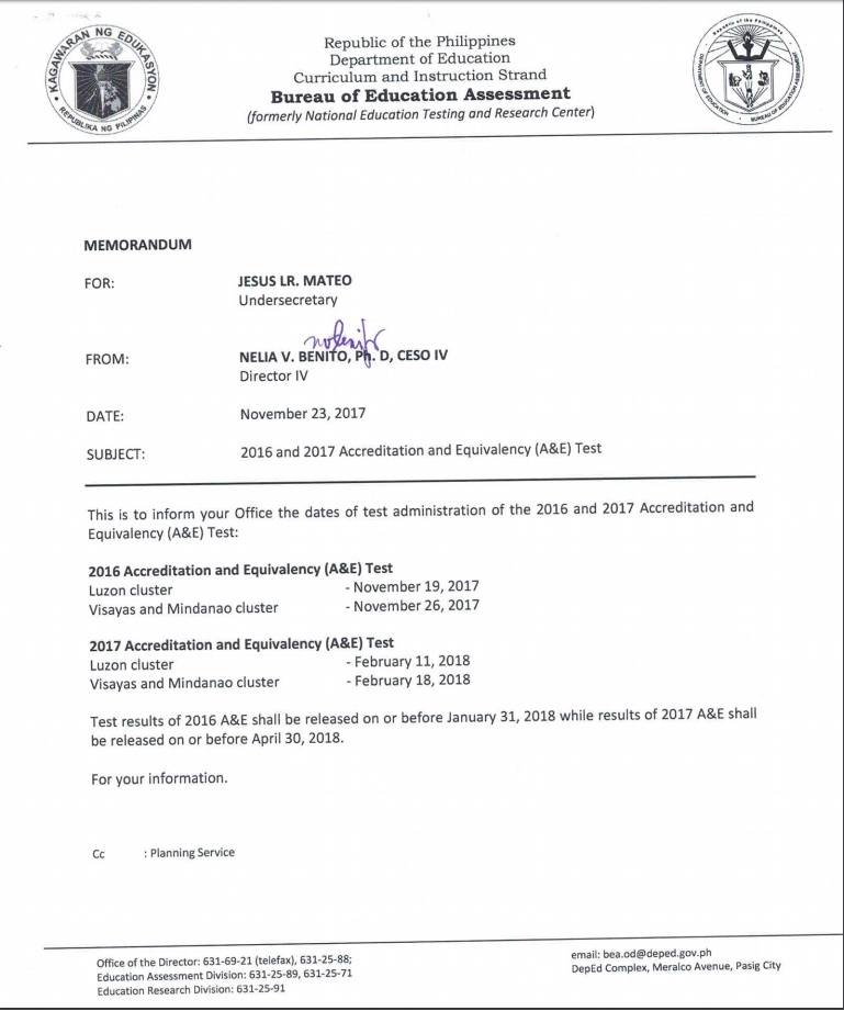 Accreditation and Equivalency (A&E) Test para sa taong 2016 at 2017 ...