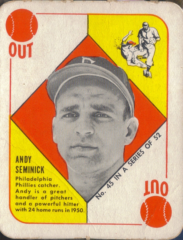 foul bunt: 1951 Topps Red Back #45 - Andy Seminick