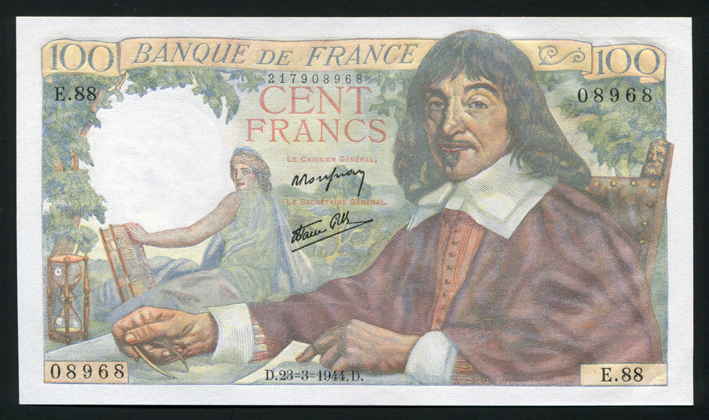 Currency of France 100 French Francs banknote 1944 Rene Descartes|World ...