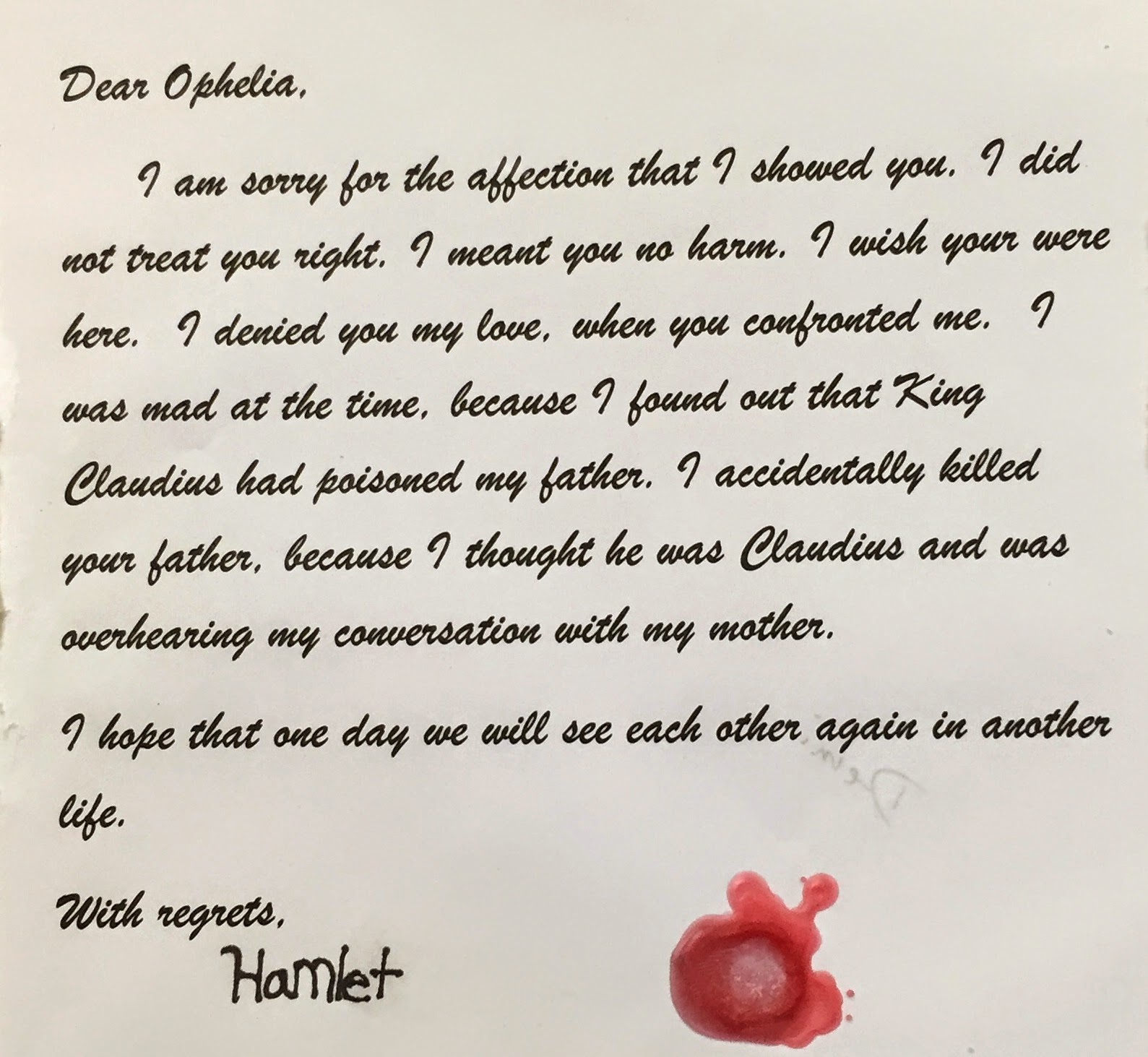 MILLENNIALS: Final Project - Letter from Hamlet to Ophelia