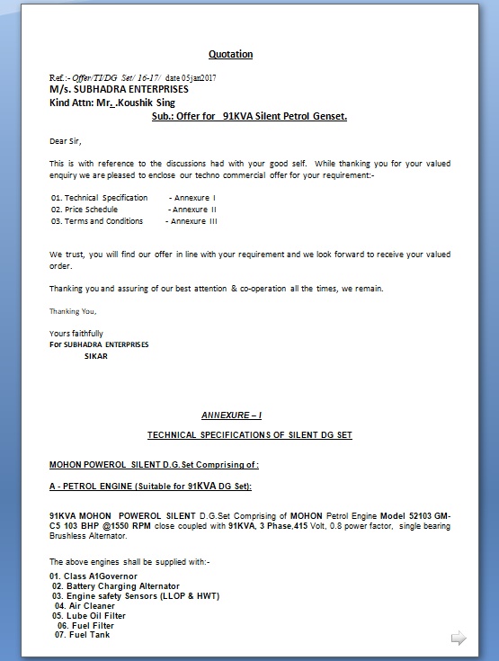 Price Quotation Letter To Customer in Word Format