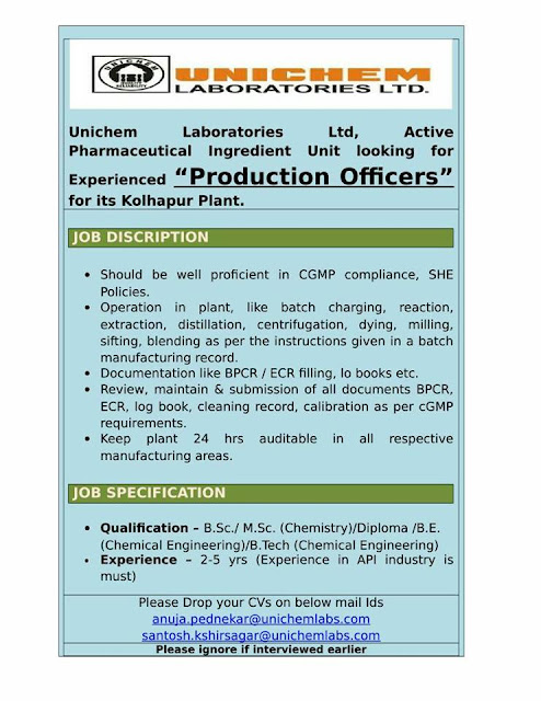 Openings in Unichem Laboratories
