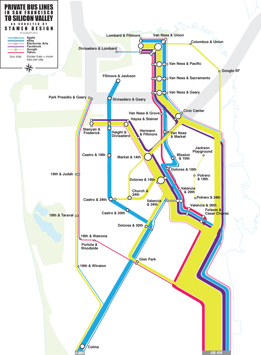 A Most Excellent Map Of Employee Shuttle Bus Stops | Noe Valley SF