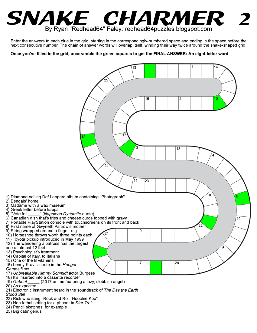 Redhead64's Obscure Puzzle Blog!: PUZZLE #153: Snake Charmer 2