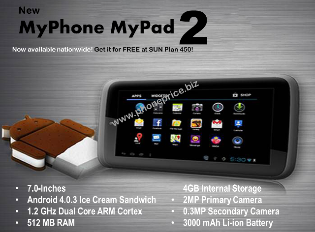 MyPhone MyPad 2 Price and Specs FREE @ SUN Plan 450 ~ Mobile Price Watch