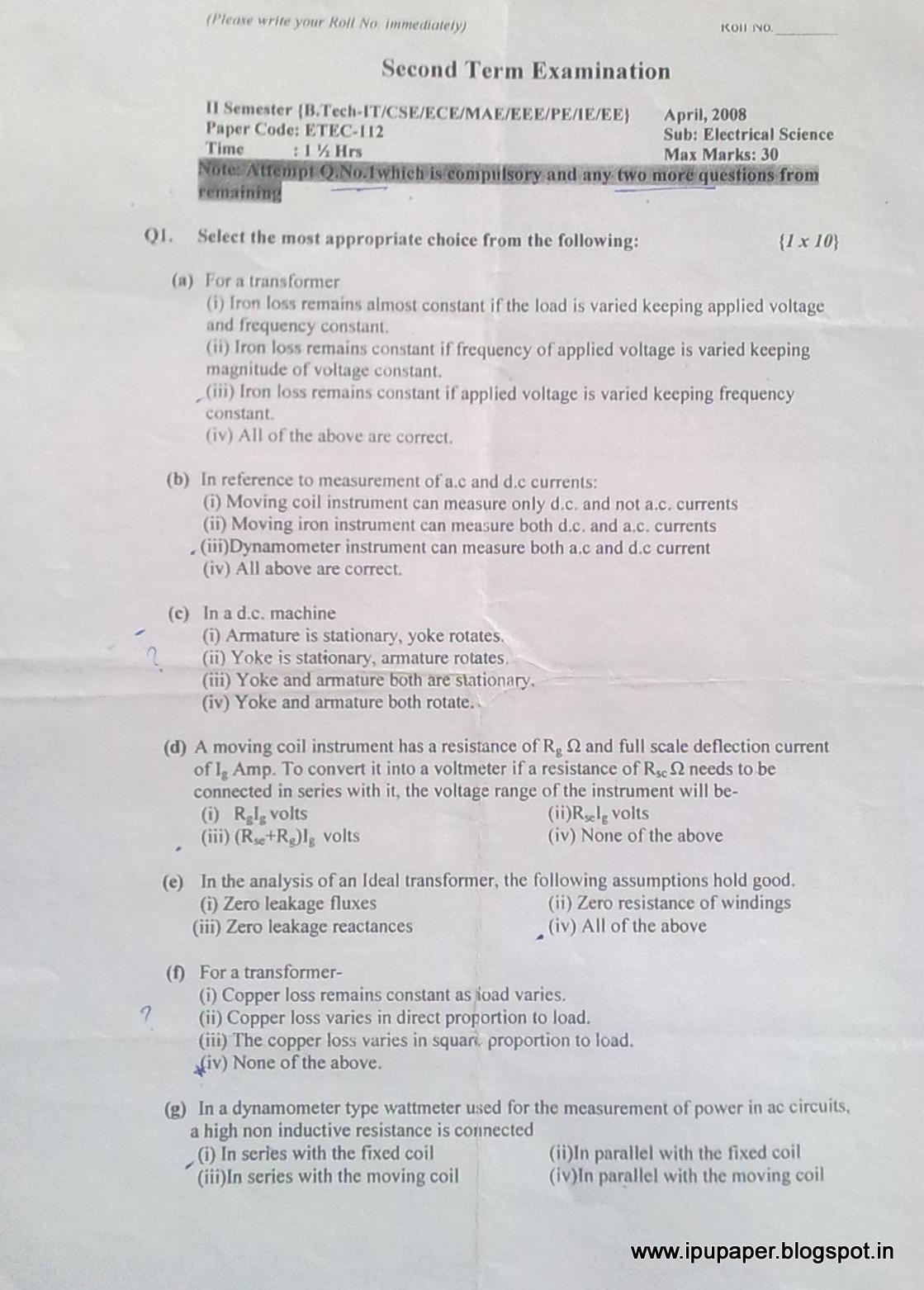 GGSIPU QUESTION PAPERS: Second Term 2008 ETEC 112 Electrical Science ...