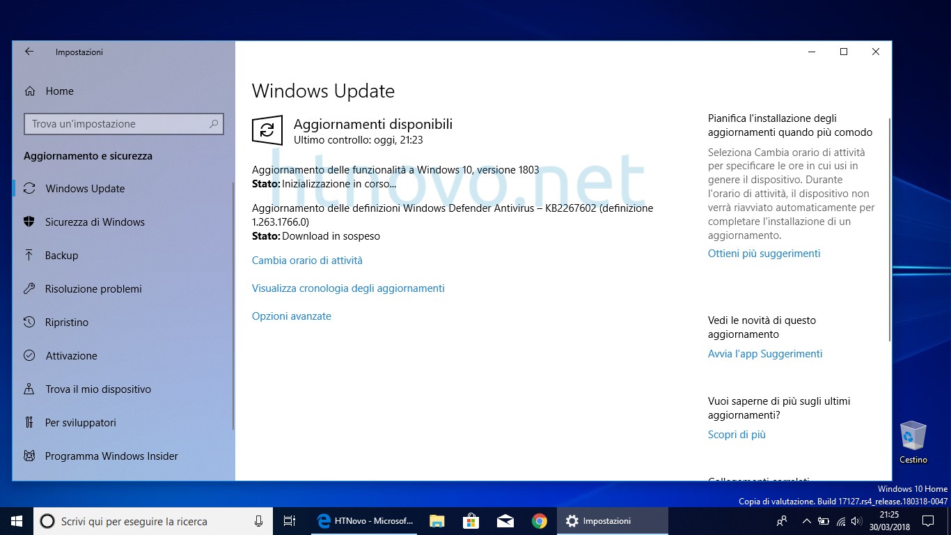 Aggiornamento delle funzionalità a Windows 10, versione 1803