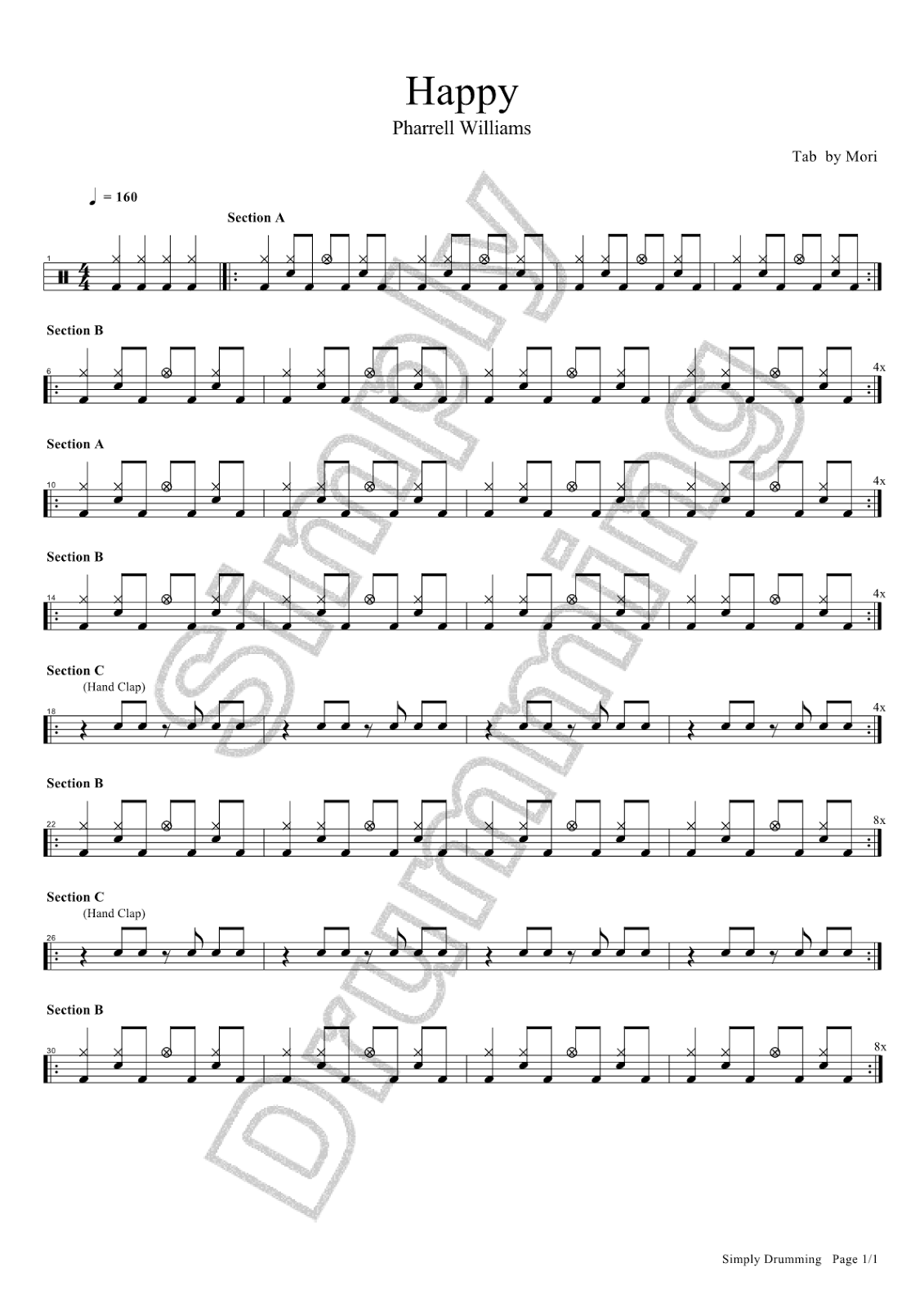 鼓手森 - Simply Drumming: Pharrell Williams - Happy drum sheet