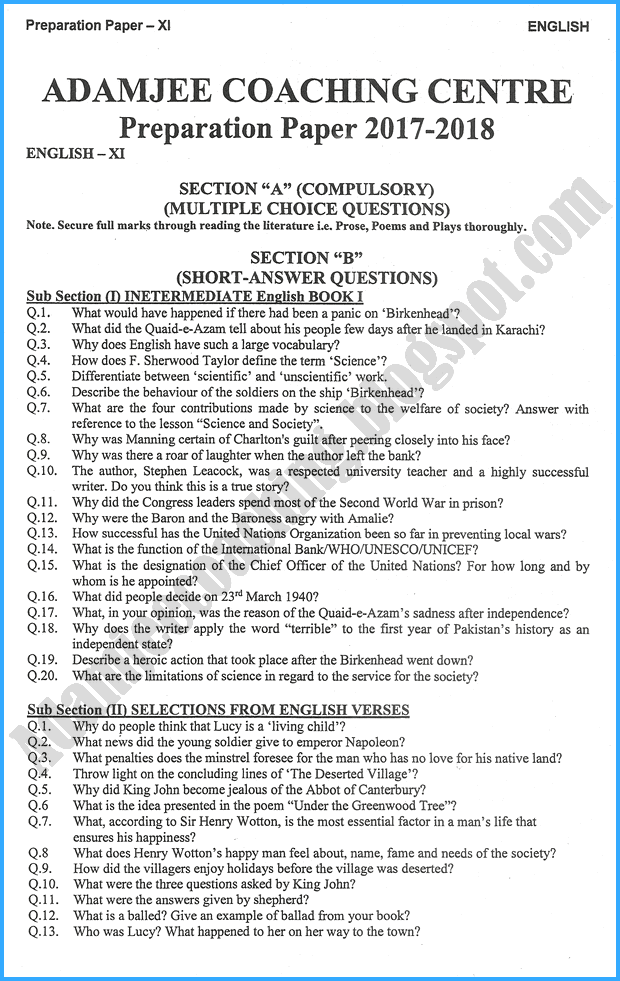 Adamjee Coaching: English 11th - Adamjee Coaching Guess Paper 2018