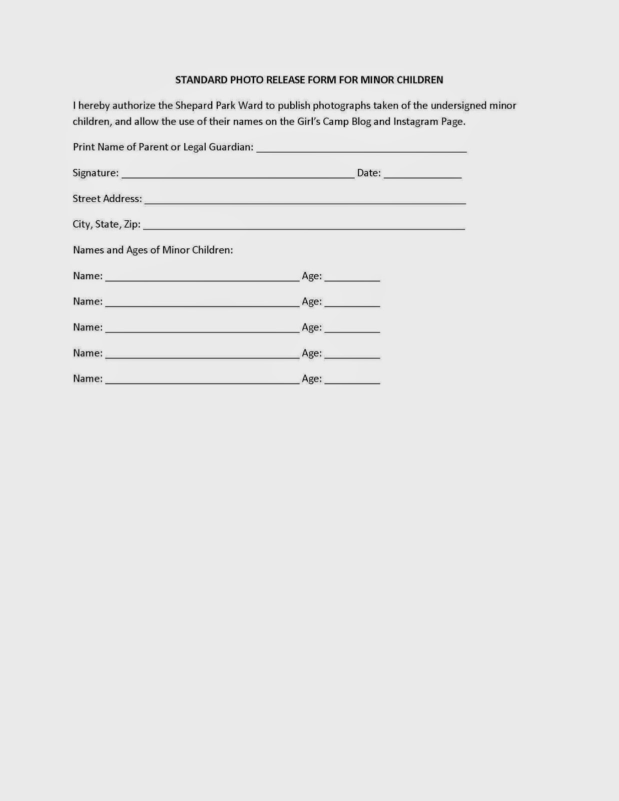 Shepard Park Girls Camp: Parent Packets.. RSVP Please