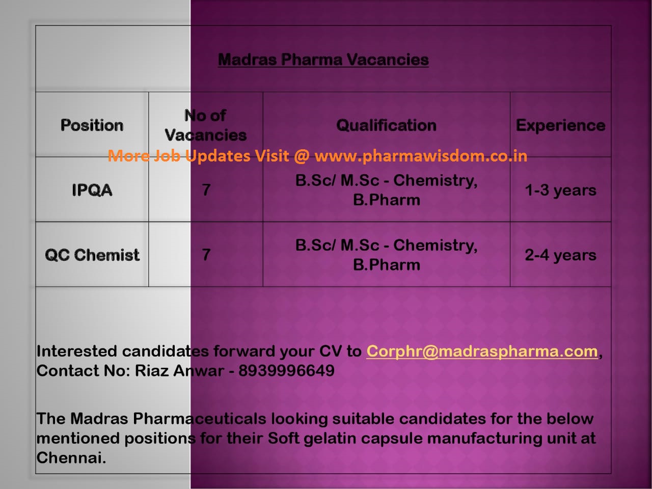 Madras Pharma - Urgent Vacancies for IPQA / QC Chemist - PHARMA WISDOM