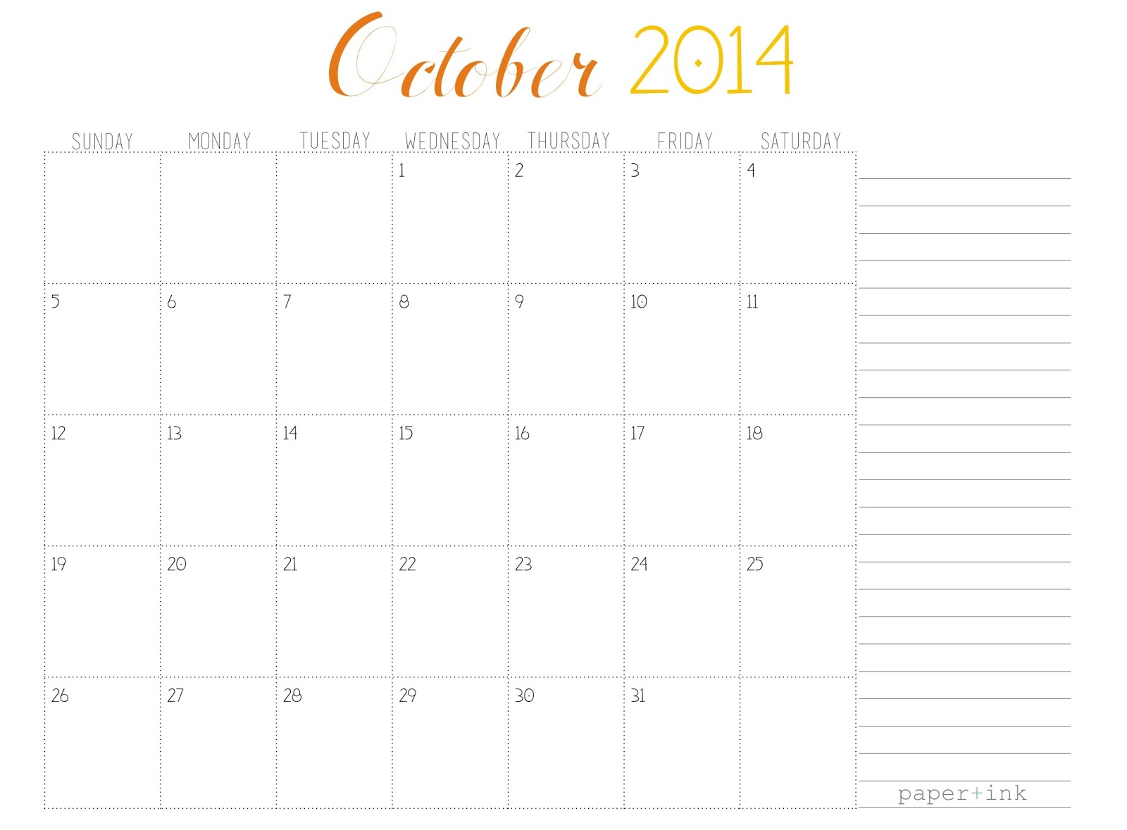 Free Printable Calendar: October 2014