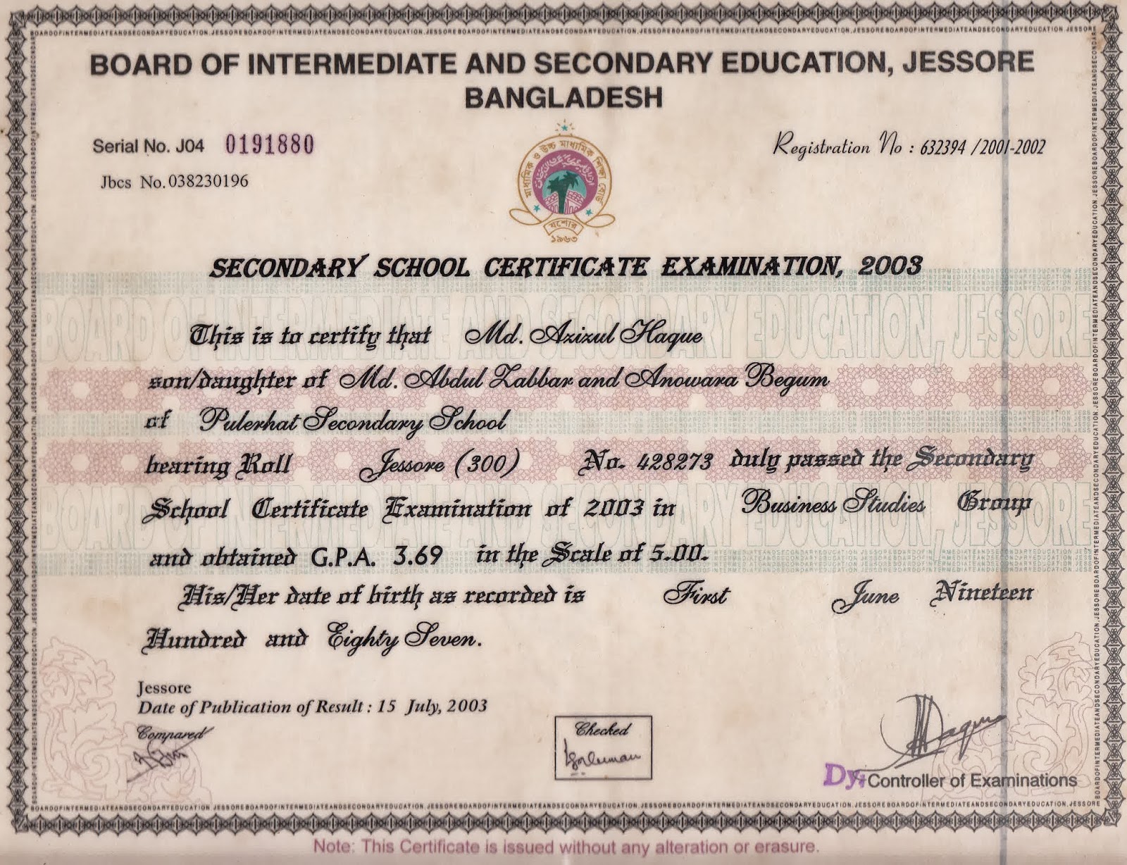 M. AZIZUL HAQUE: Azizul-SSC Certificate & Doccuments