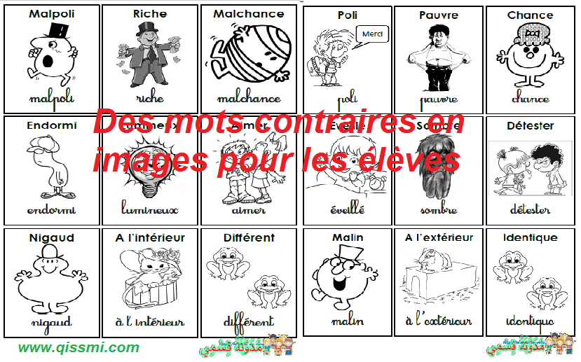 Des mots contraires en images pour les élèves