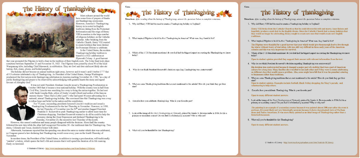 Students of History: The History of Thanksgiving Activity