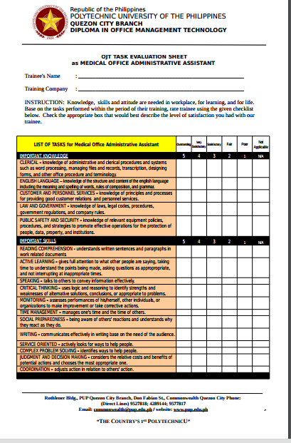 ANGELICA MASCOLINO's BLOG: OJT Tasks Evaluation Sheet