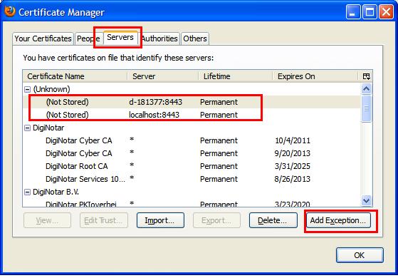 Mozilla FireFox - how to add security certificate exception urls