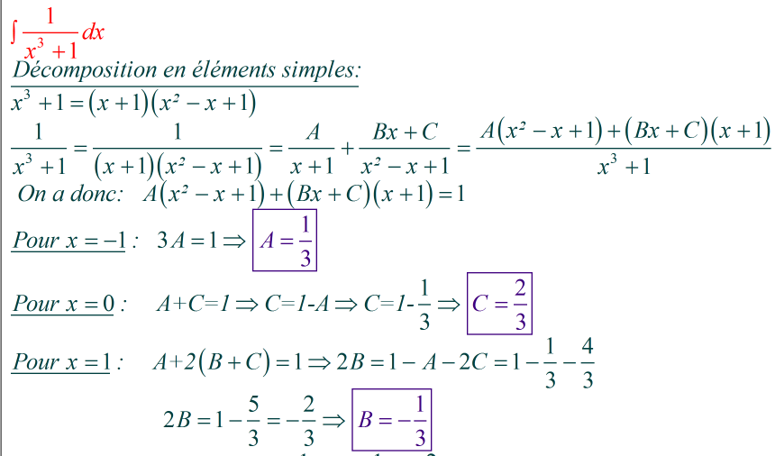 int(1/(1+x^3) décomposition en éléments simples et substitution