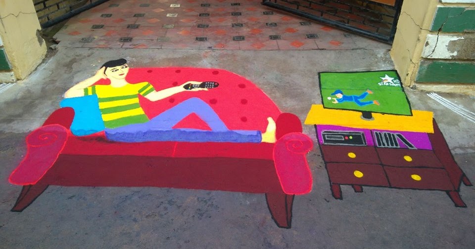 CHODAVARAMNET: WATCHING CRICKET MATCH FREEHAND RANGOLI ART 2018