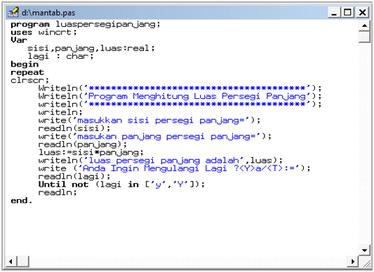 Cara membuat program Menghitung Luas Persegi Panjang dengan Pascal