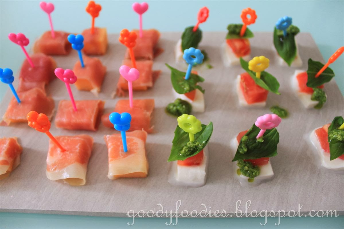 GoodyFoodies: Caprese salad canapes with basil pesto + Jamón Serrano ...