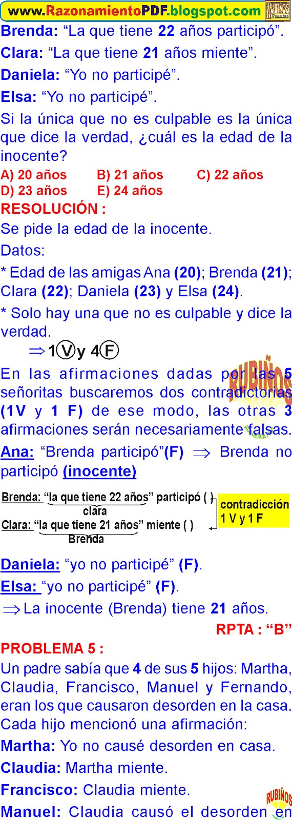 VERDADES Y MENTIRAS EJERCICIOS RESUELTOS DE RAZONAMIENTO LÓGICO ...