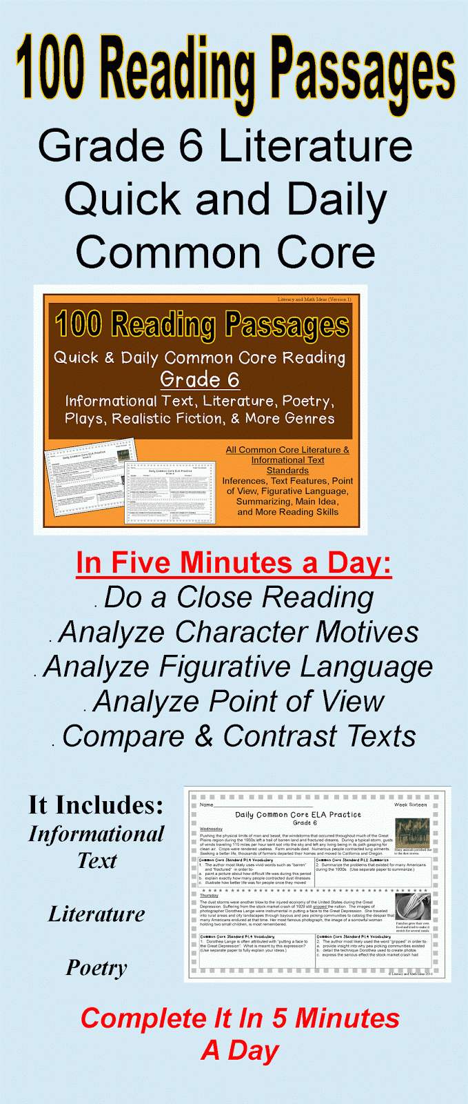 Literacy & Math Ideas: 20 Weeks of Grade 6 Daily Common Core Reading ...