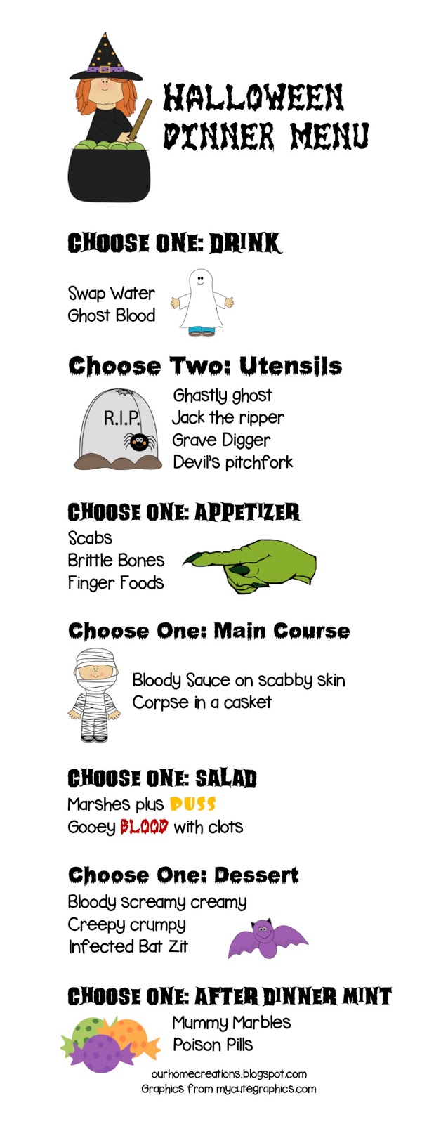 ourhomecreations: Printable Halloween Dinner Menu