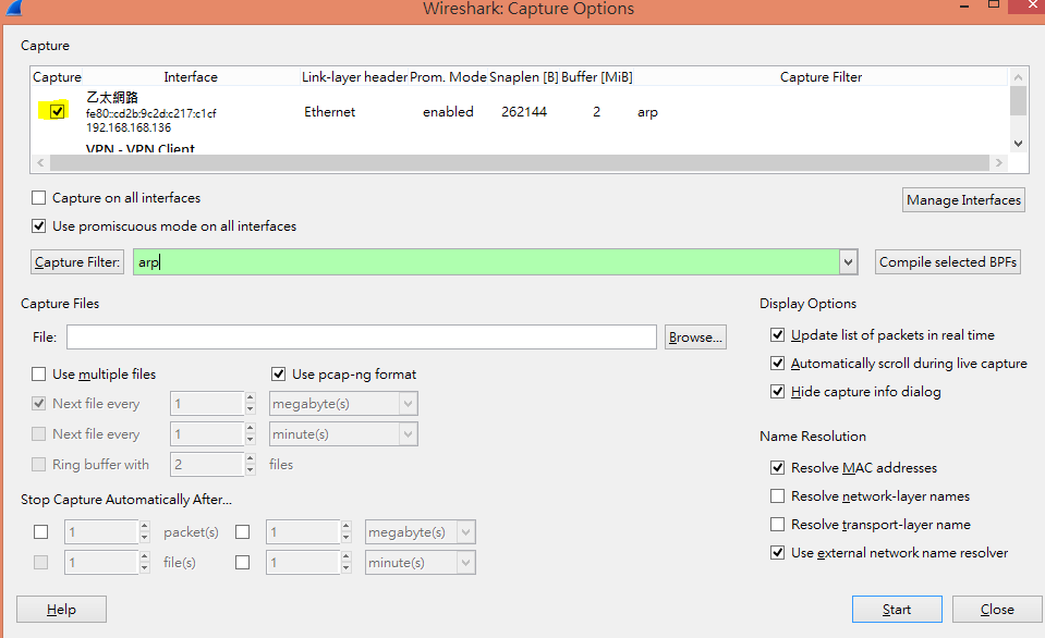 Prochain Science: wireshark packet capture options