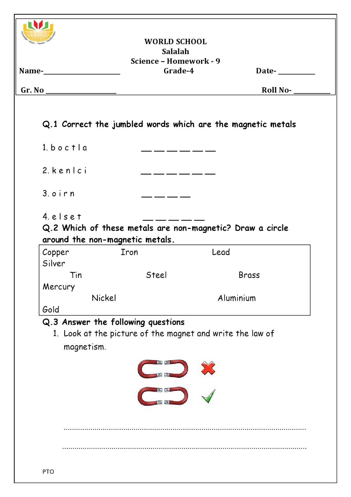 Birla World School Oman: Homework for Grade 4 as on 20-2-2018