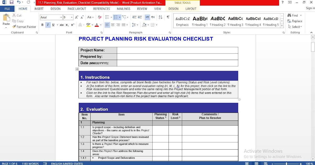 Project Planning Risk Evaluation Checklist - Software engineering