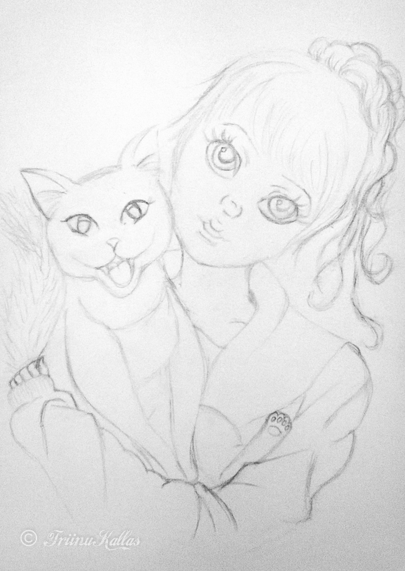 Triinu K . joonistused: Portreed - Tüdruk ja kass