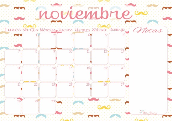 Imprimible: Calendario Noviembre de 2016 - Niña Bonita