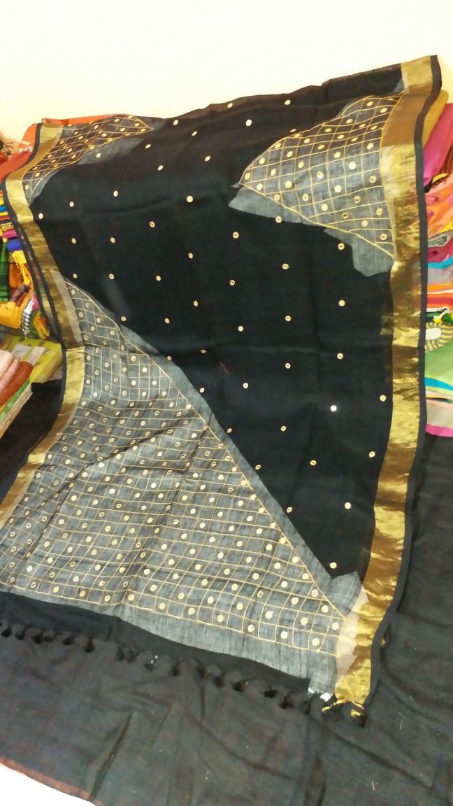 Linen Mirror Work Saree