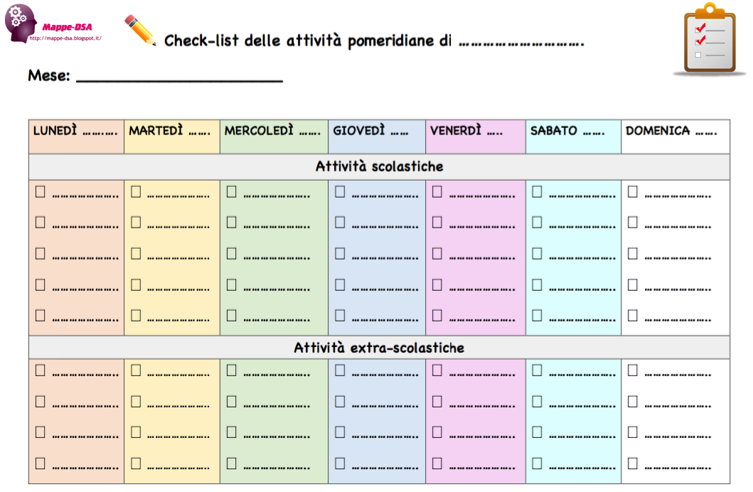 CHECK-LIST DELLE ATTIVITA' POMERIDIANE