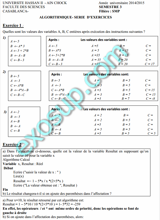exercices corrigés en algorithmique pdf prémière année