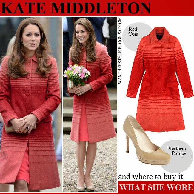 WHAT SHE WORE: Kate Middleton in red stripe wool coat with beige ...