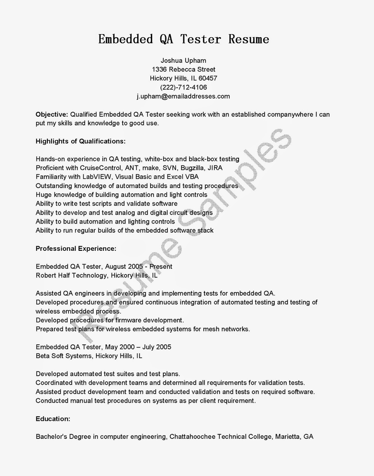 Resume Samples Embedded Qa Tester Resume