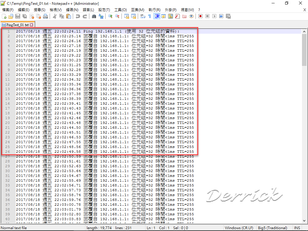 德瑞克：SQL Server 學習筆記: [Windows] PING add timestamp - 加上時間戳記