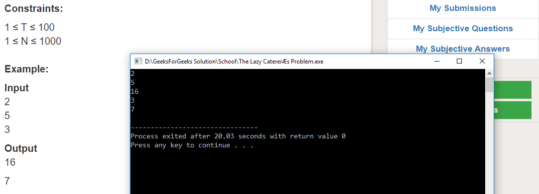 Geeksforgeeks Solution For " The Lazy Caterer’s Problem