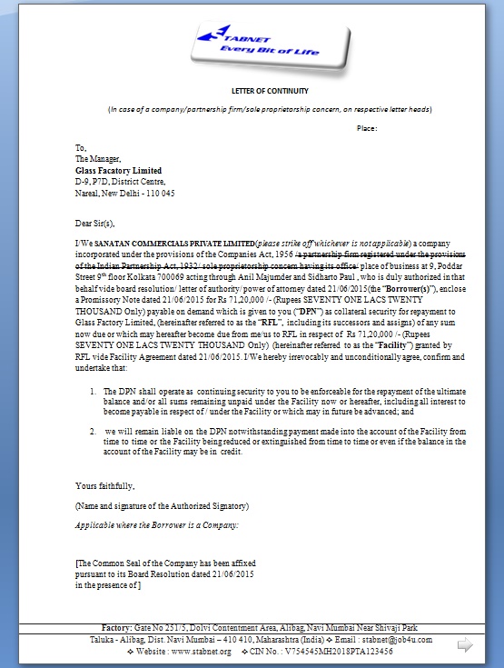 Letter of Continuity Format For Loans in Banking