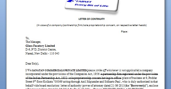 Letter of Continuity Format For Loans in Banking