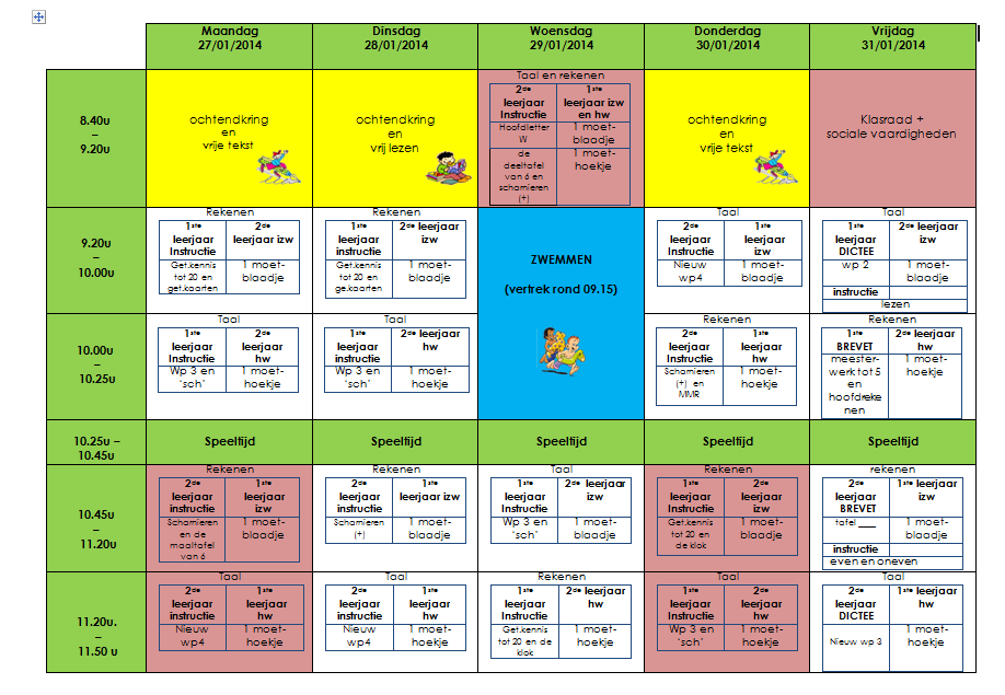 Eerste leerjaar: Weekrooster