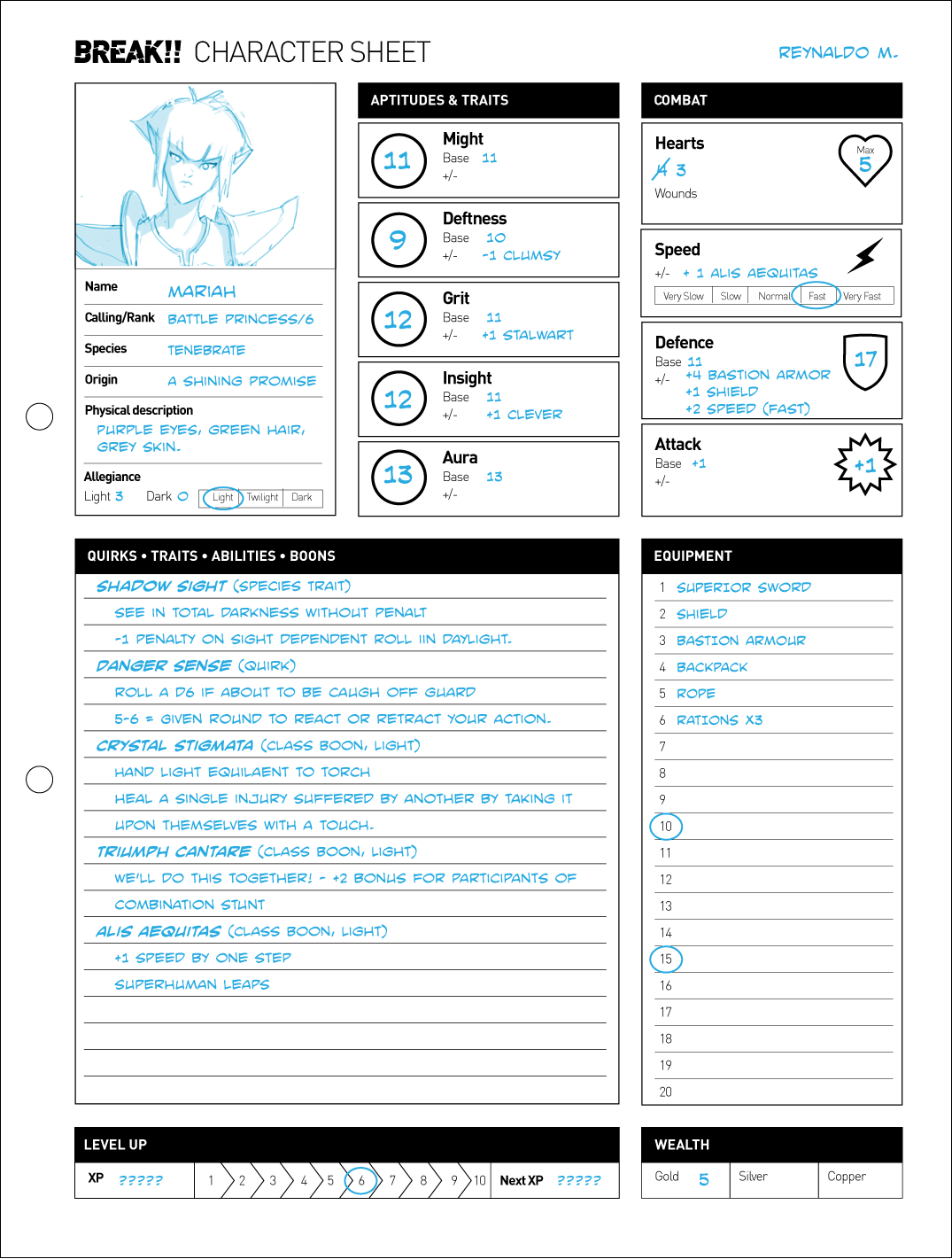 Break!!: Character Sheet Development